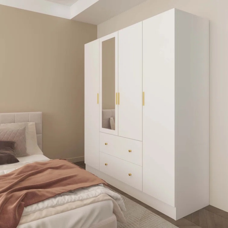 EPNER – Modern White Four Door Wardrobe with Mirror – PakTameer